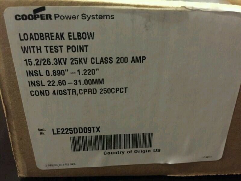 COOPER LOADBREAK ELBOW, LE225DD09TX, WITH TEST POINT 25KV 200 AMP, SKB ...